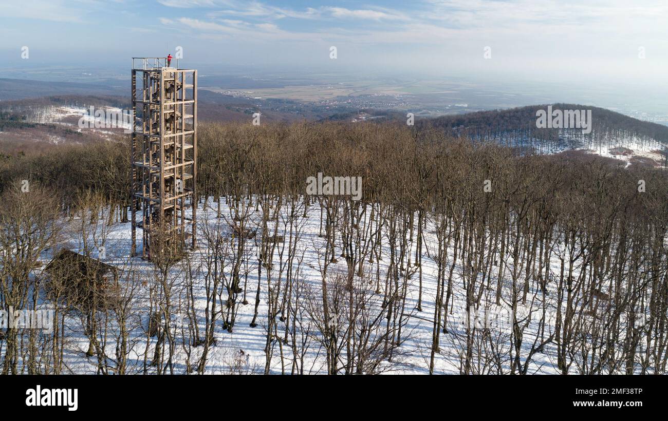 Aerial view of wooden lookout tower on the top of Velka Homola in ...