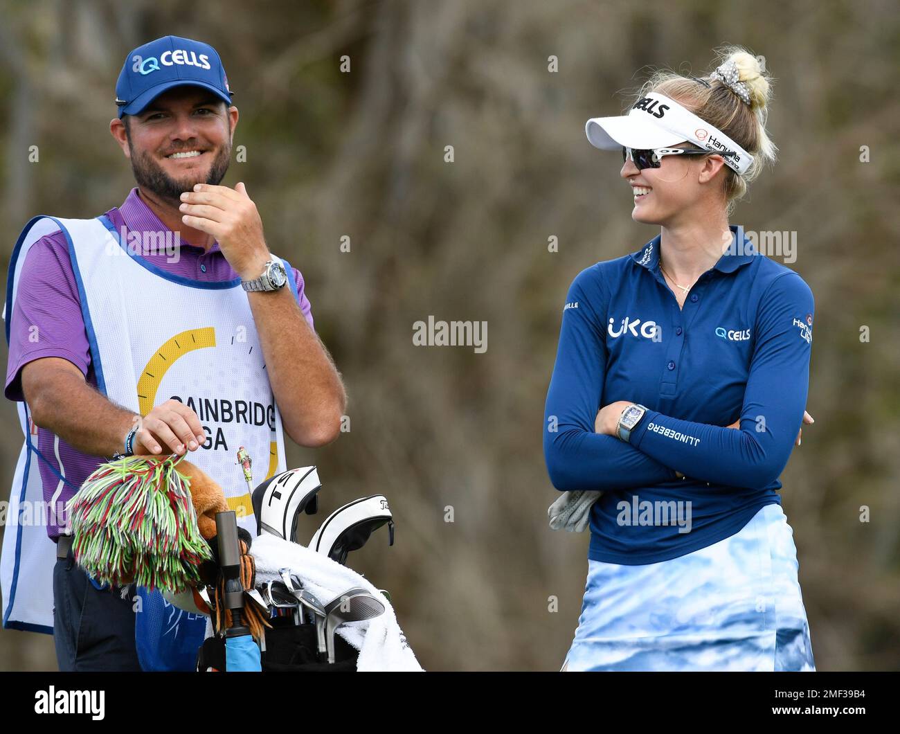 Nelly Korda smiles with her caddie on the 17th tee during the third ...