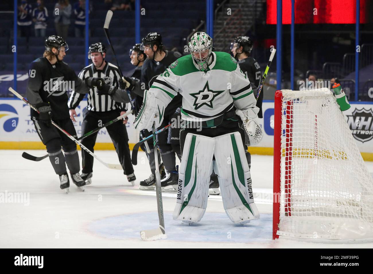 Dallas Stars goaltender Anton Khudobin stands in front of the goal as ...
