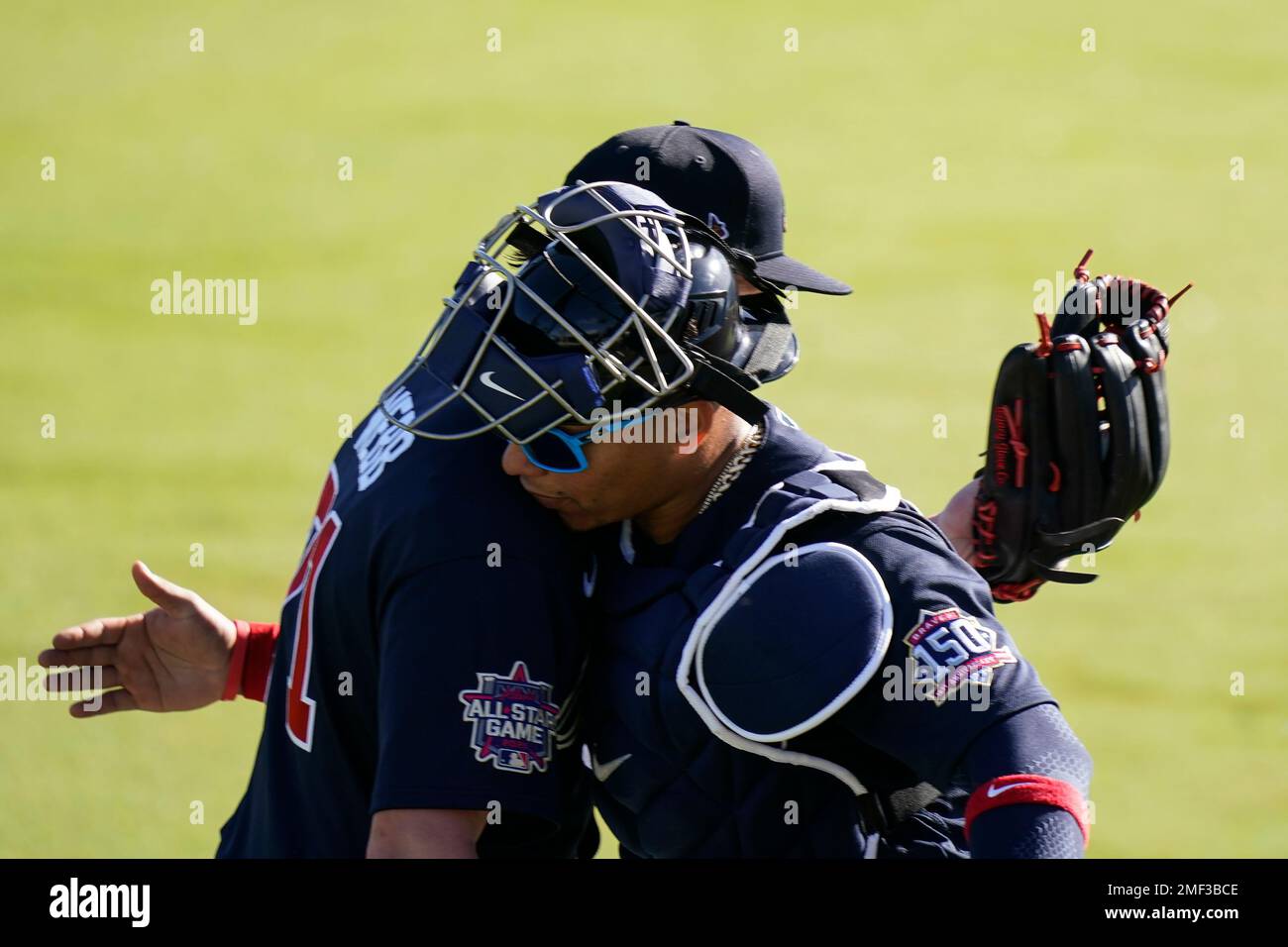 Atlanta Braves' Jacob Webb, left, and William Contreras, right, hug ...