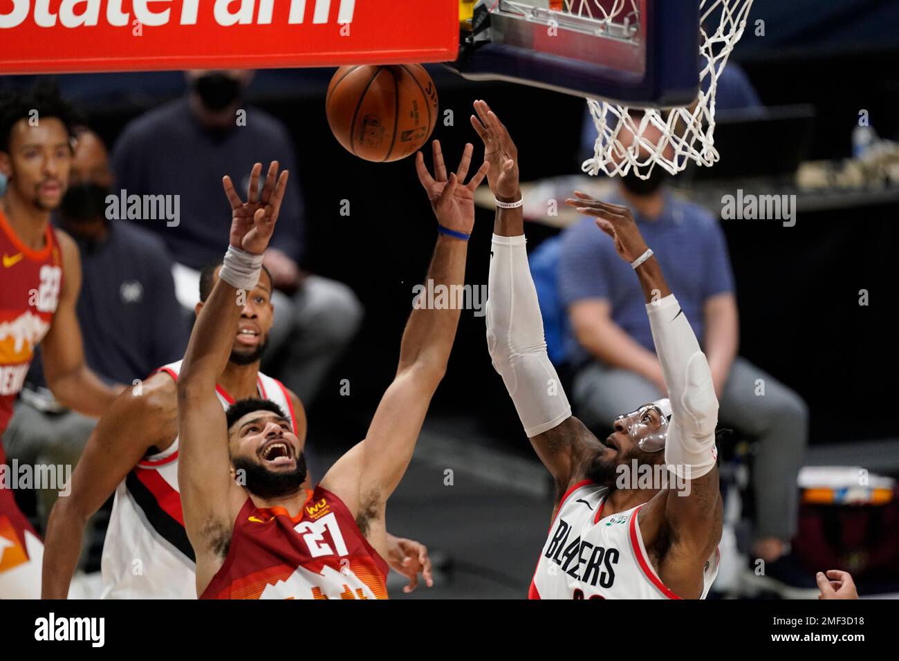 Denver Nuggets guard Jamal Murray (27) and Portland Trail Blazers ...