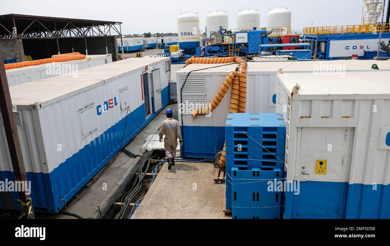 Kikuube, Uganda. 24th Jan, 2023. A worker walks through facilities at the Kingfisher Oil Field ...