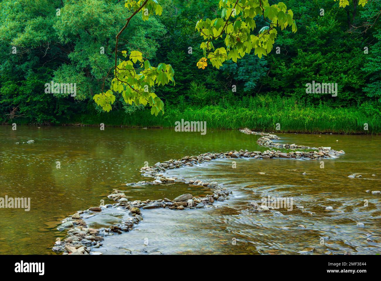 a small dam of stones is set up on a mountain river, a line across the ...