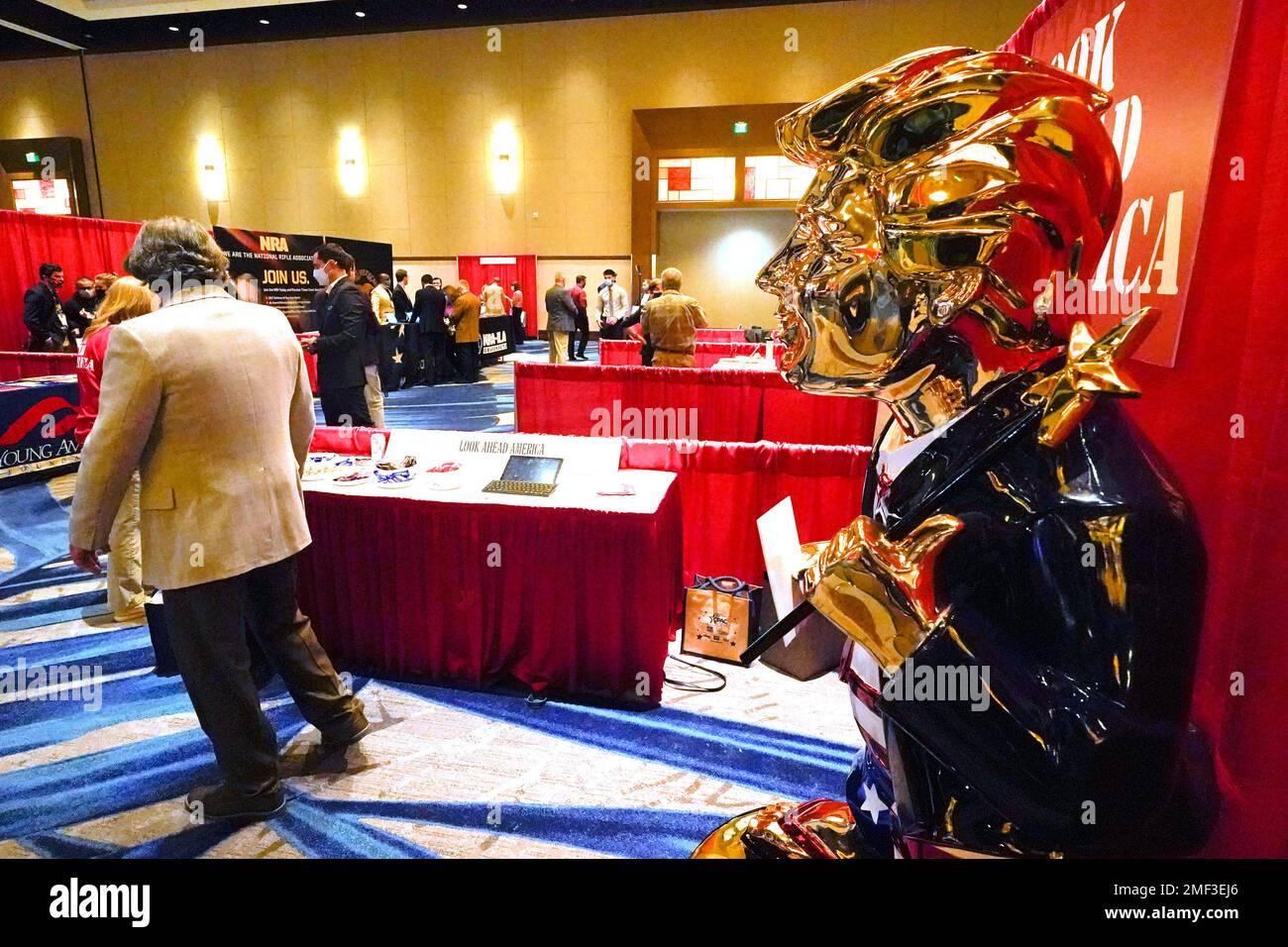 A statue of former president Donald Trump on display at the merchandise ...