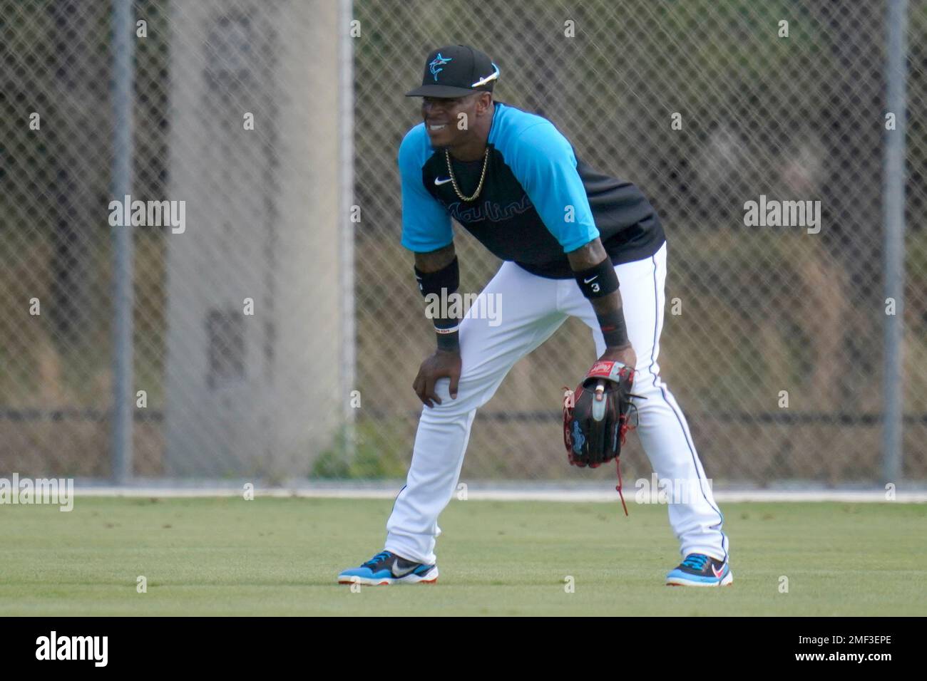 Miami Marlins outfielder Starling Marte takes up his position during ...