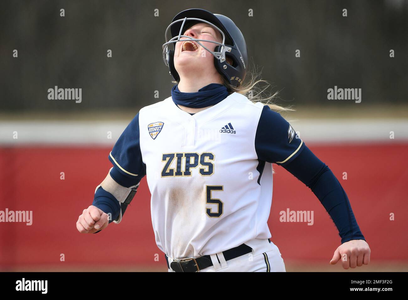 University of Akron baserunner Jessie Holzman (5) reacts after a play ...