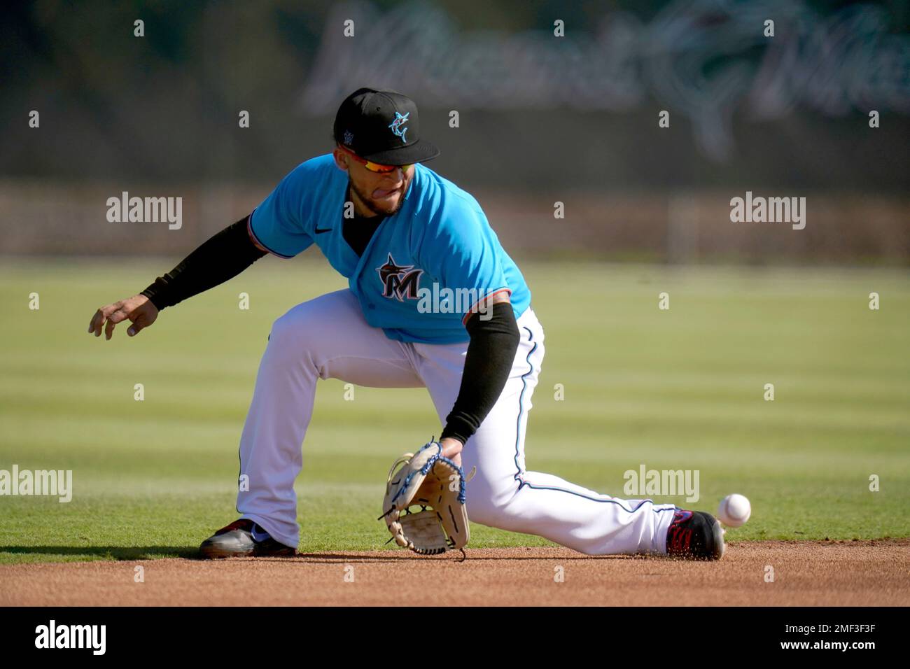 Miami Marlins infielder Isan Diaz handles a grounder during spring ...