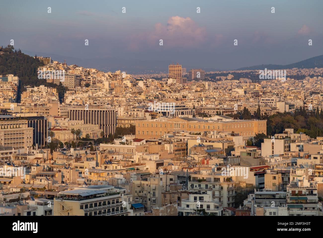 A picture of the Hellenic Parliament as seen from above, at sunset ...