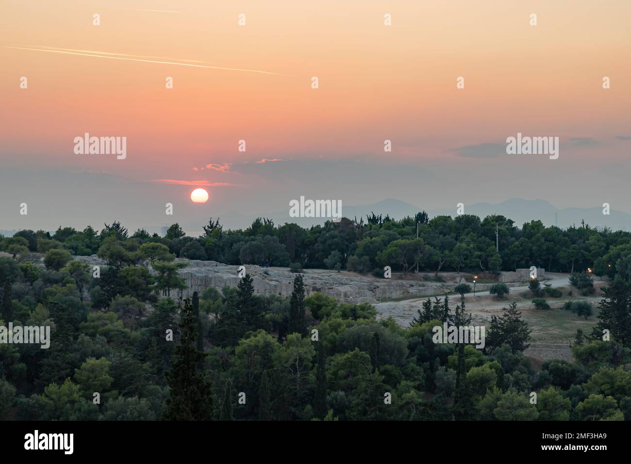 A picture of the sunset as seen from the Acropolis of Athens Stock ...