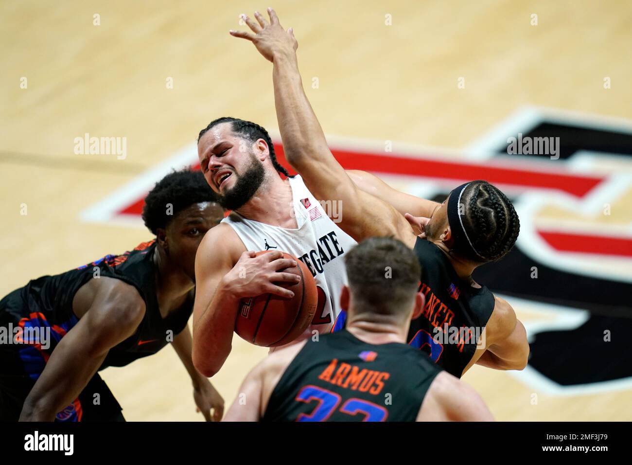 Boise State guard Marcus Shaver Jr., right, fouls San Diego State guard ...