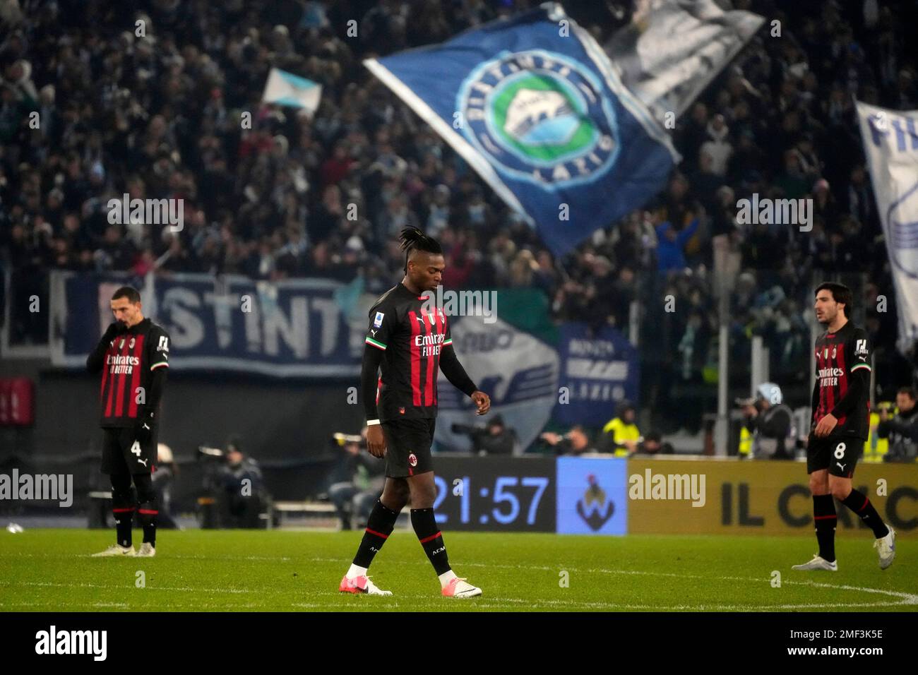 AC Milan's Rafael Leao reacts after the third goal against his team ...