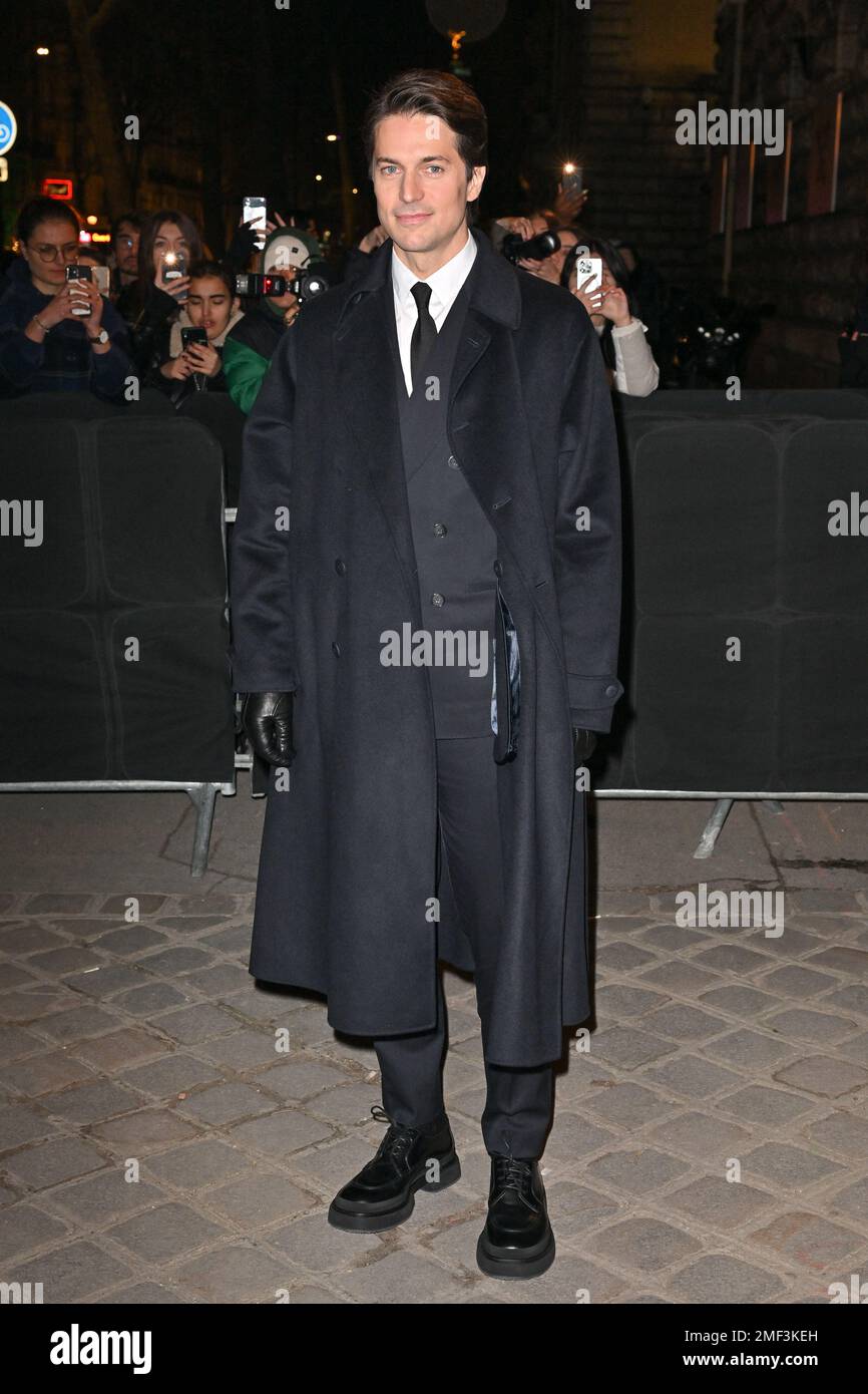 Lucas Bravo arriving at Armani Prive show during Haute Couture Fashion ...