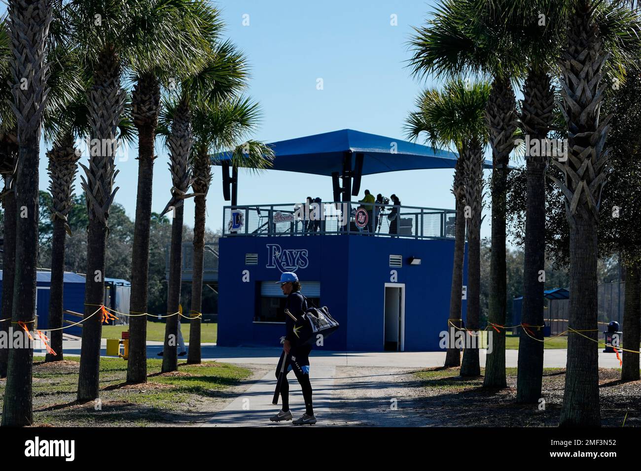 A Tampa Bay Rays player walks to a practice field during spring ...