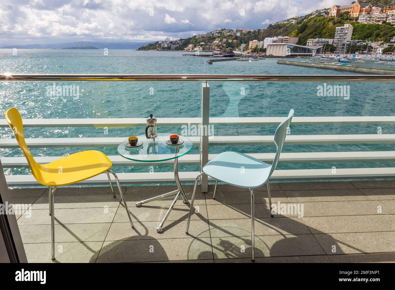 A view of coffee on the glass table in a luxury hotel overlooking ...