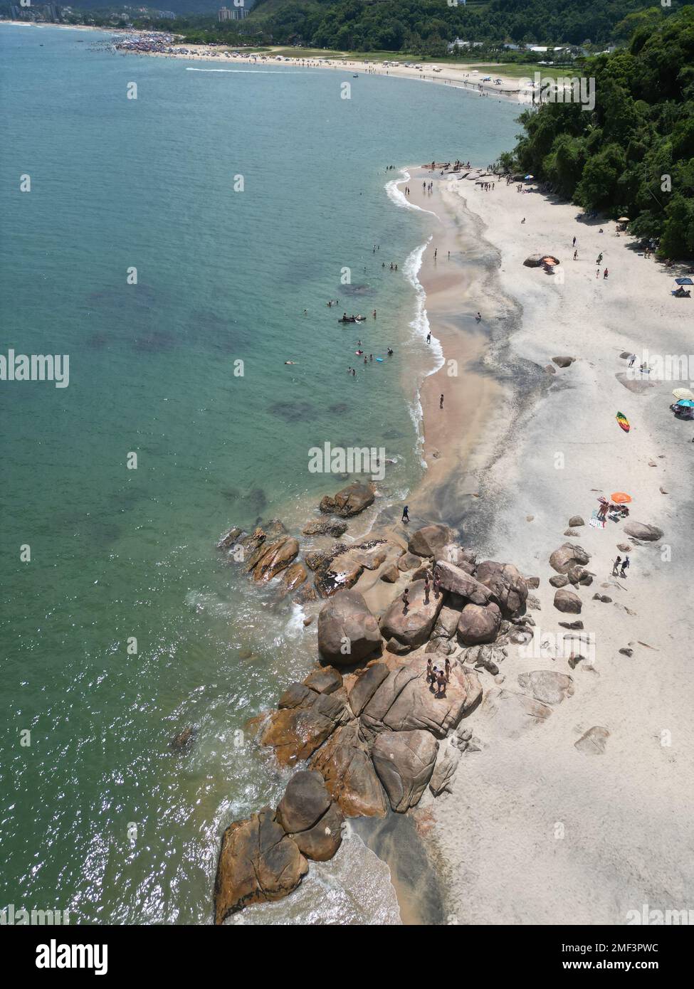 An aerial view of the Mococa beach at daytime in Sao Paulo, Brazil ...