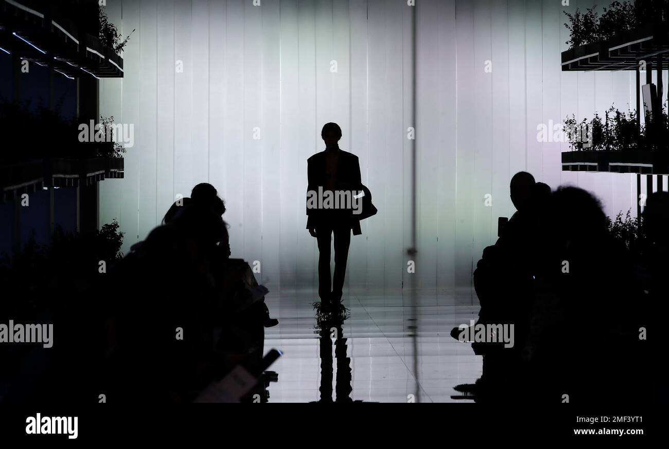 A model wears a creation as part of the Daniel Del Core women's and men ...