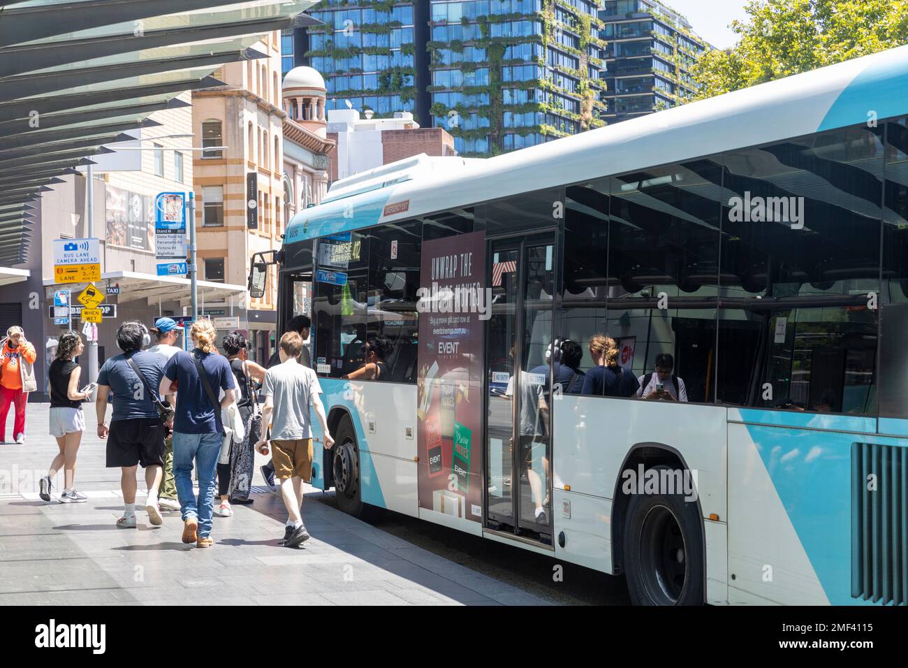 Sydney bus at Railway square bus stop in Sydney passengers wait to ...