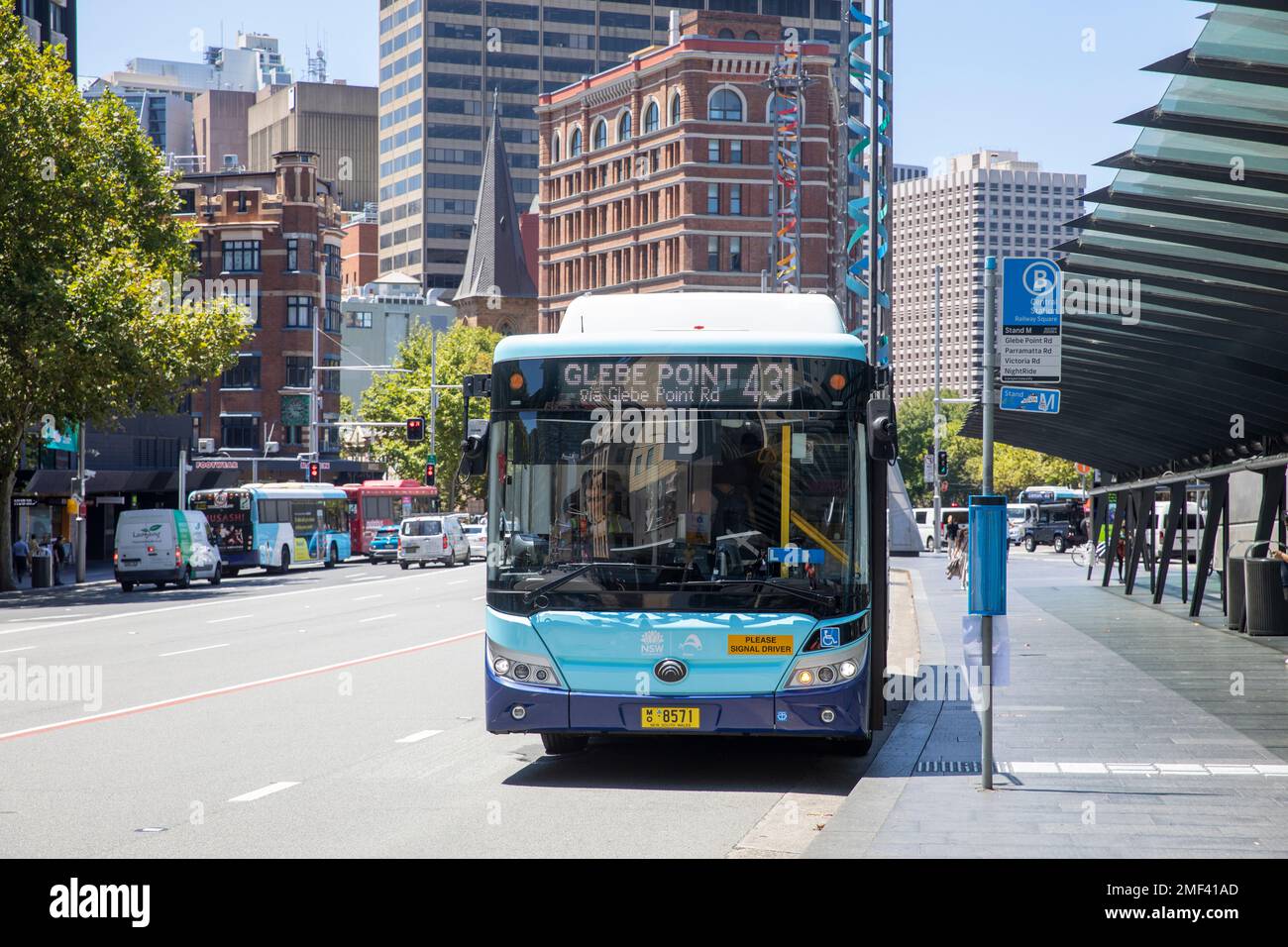 Sydney single decker bus at the bus stop stand in Railway square ...