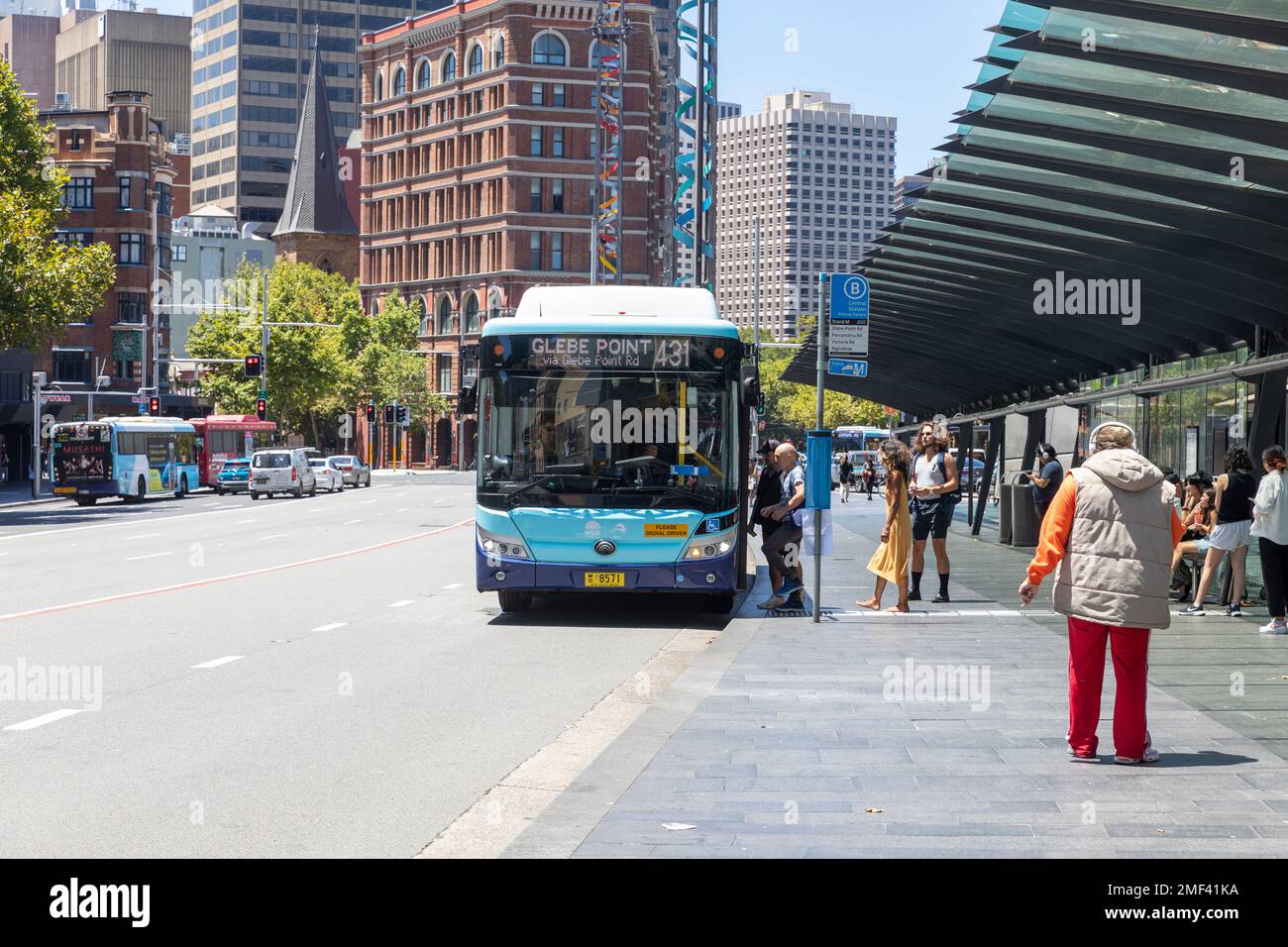 Sydney single decker bus at the bus stop stand in Railway square ...