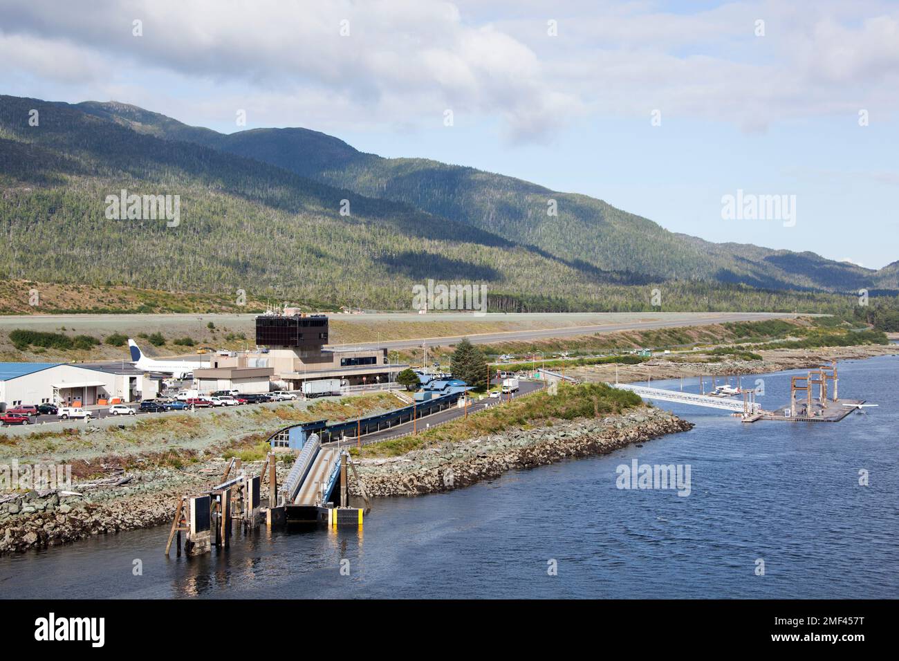 The aerial view of Ketchikan town airport on the land and water (Alaska ...