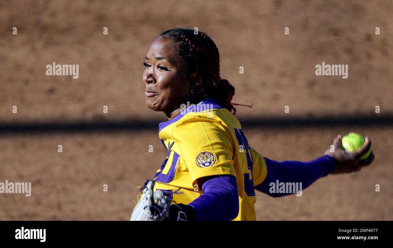 LSU Morgan Smith (37) pitches against Alabama during an NCAA softball ...