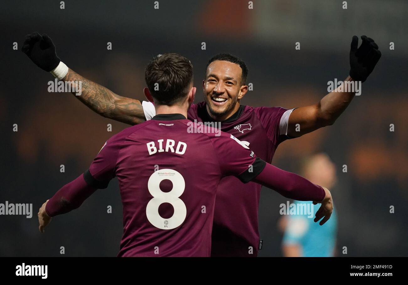 Derby County's Nathaniel Mendez-Laing (right) and Max Bird celebrate at ...