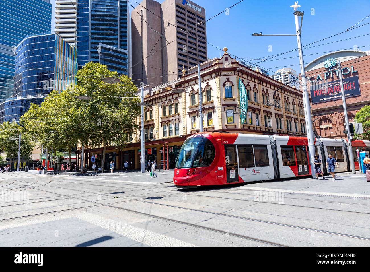 Sydney CBD light rail train passes Capitol Theatre in Haymarket Sydney ...