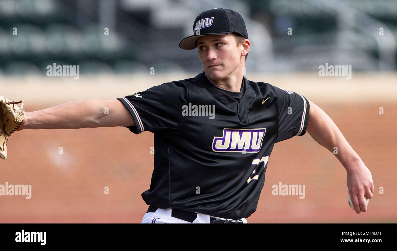 James Madison's Sam Landess (27) pitches during during an NCAA baseball ...