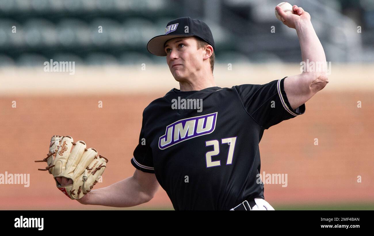 James Madison's Sam Landess (27) pitches during during an NCAA baseball ...