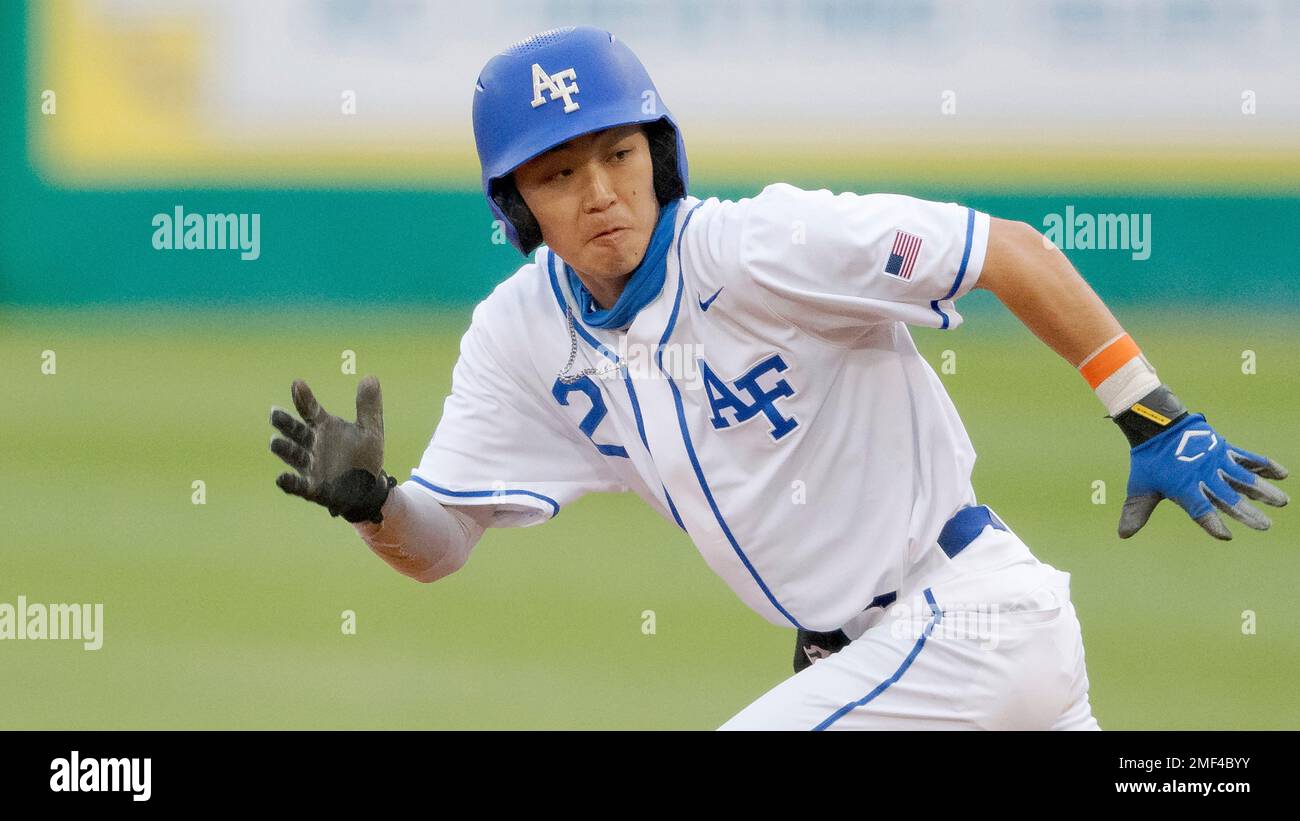 Air Force infielder Trayden Tamiya (2) runs during an NCAA baseball ...