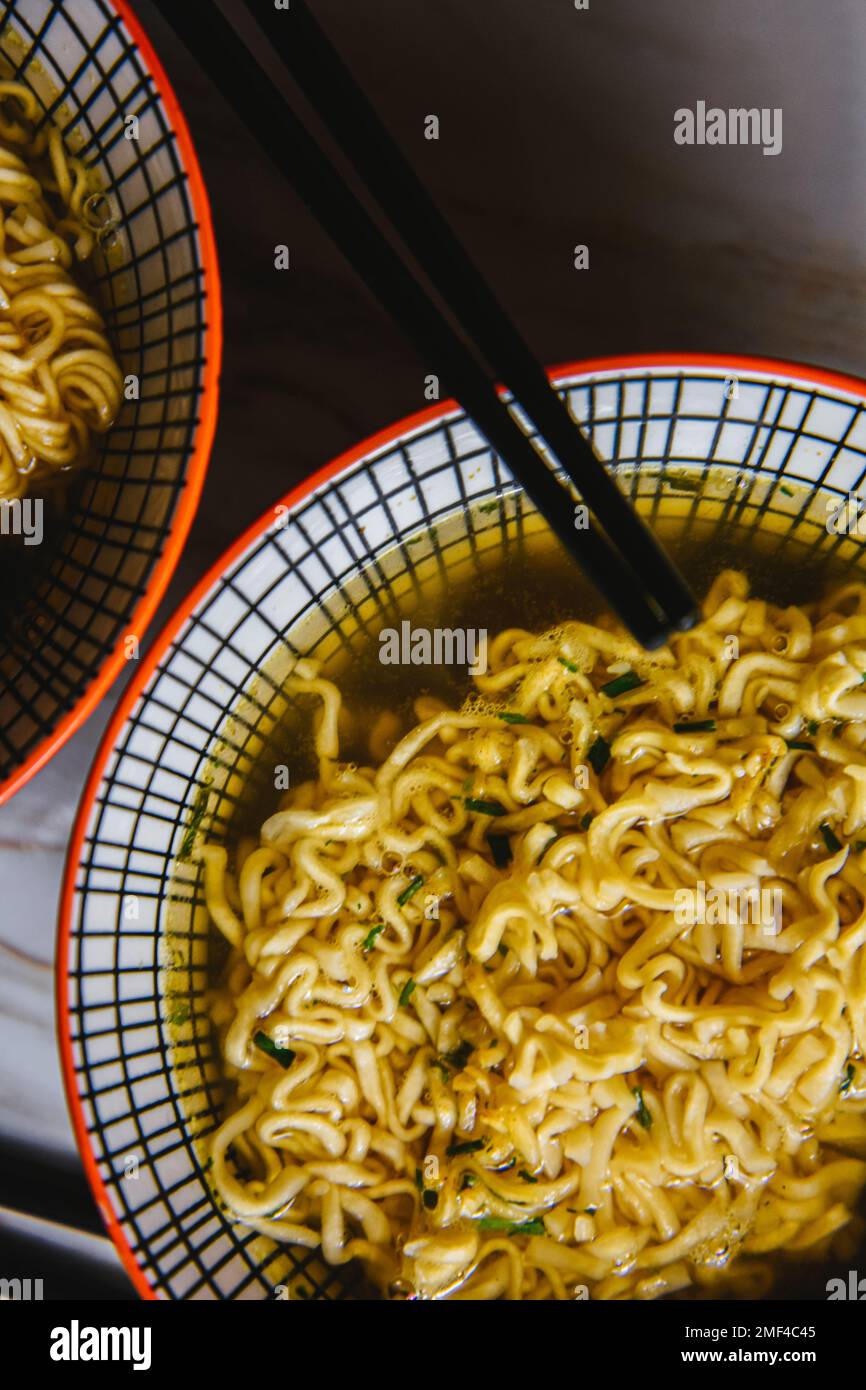 Instant pasta, Japanese and Chinese noodles. Ramen type soup in a plate ...