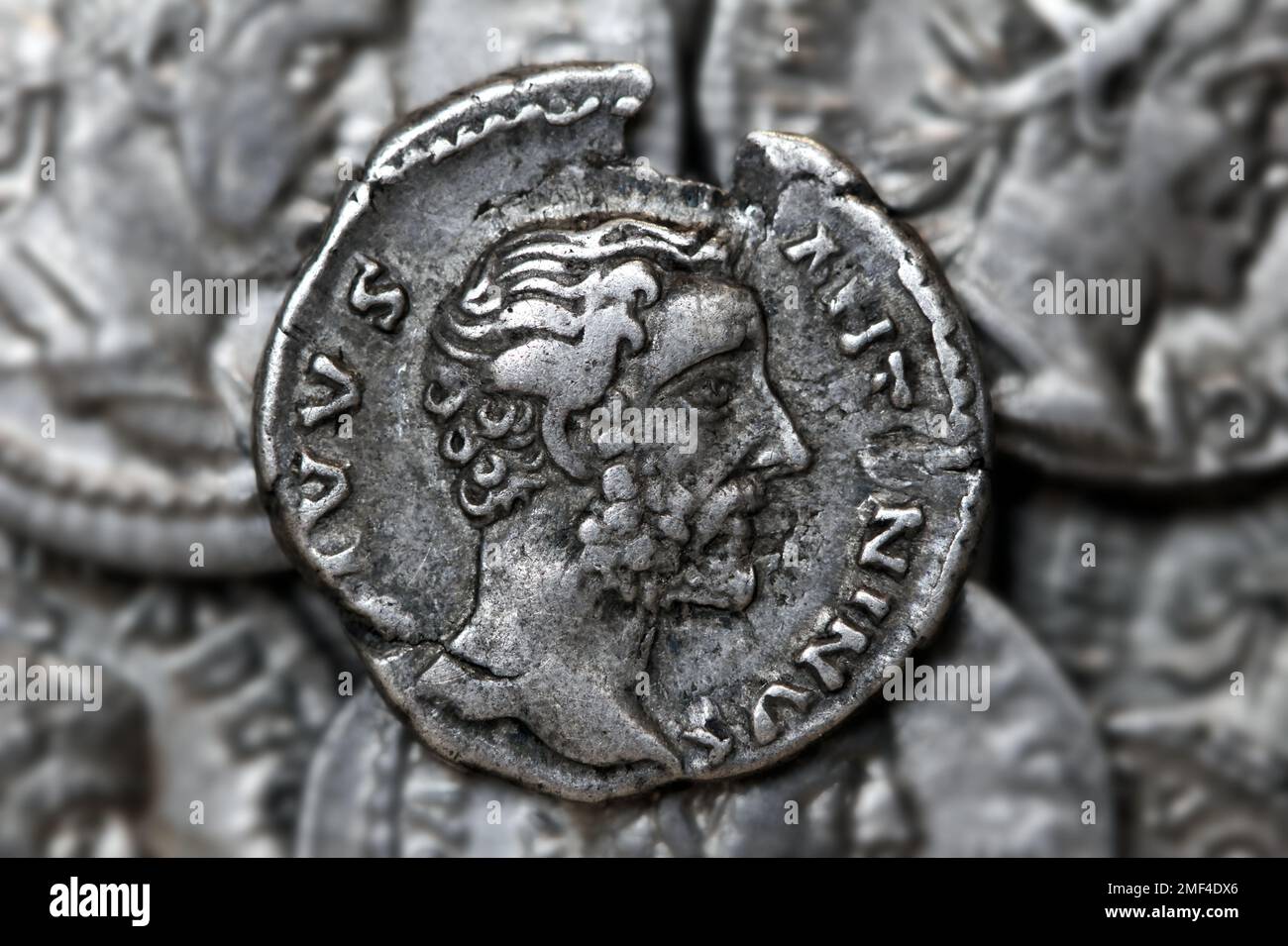Roman silver denarius coin showing portrait of emperor Antoninus Pius ...