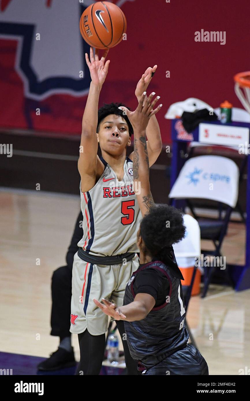 Mississippi forward Snudda Collins (5) shoots over Texas A&M guard Zaay ...