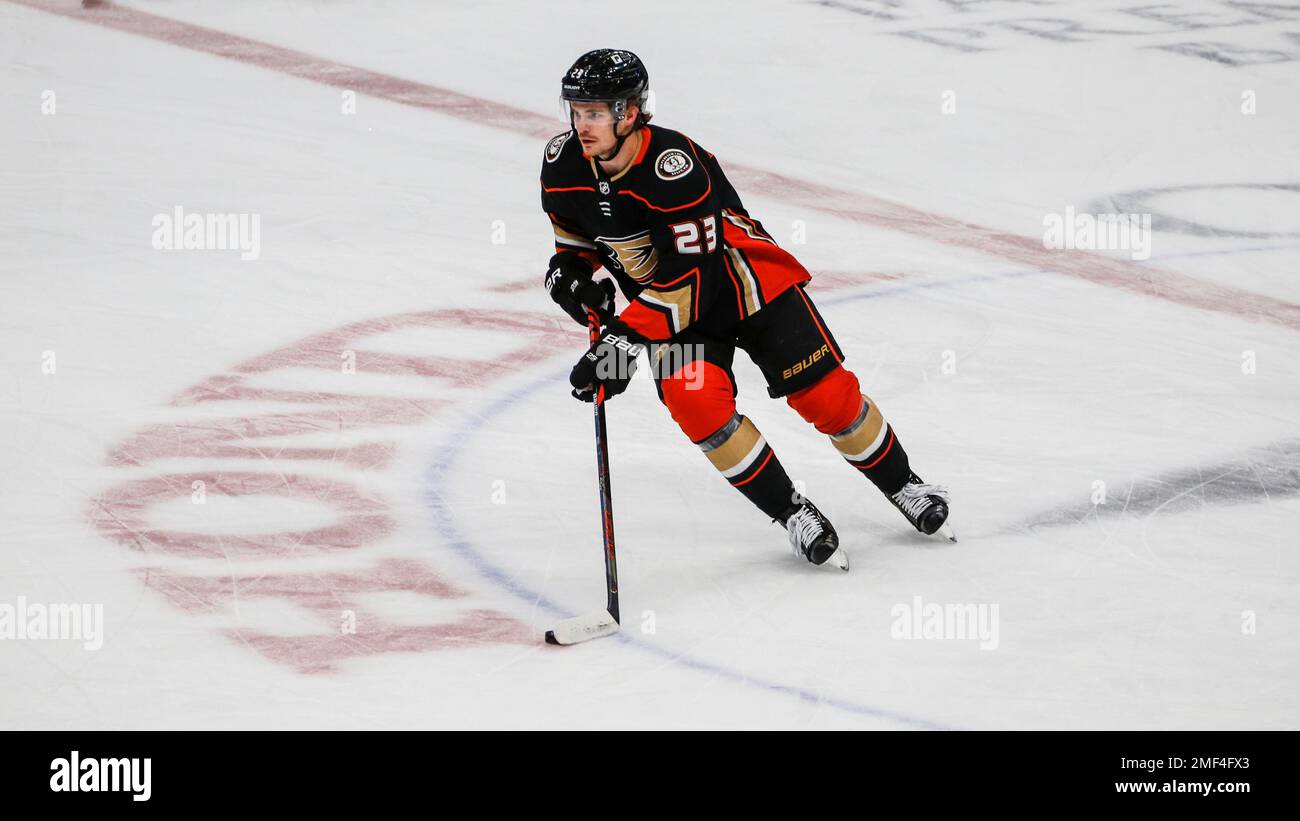 Anaheim Ducks forward Sam Steel (23) warms up prior to an NHL hockey ...