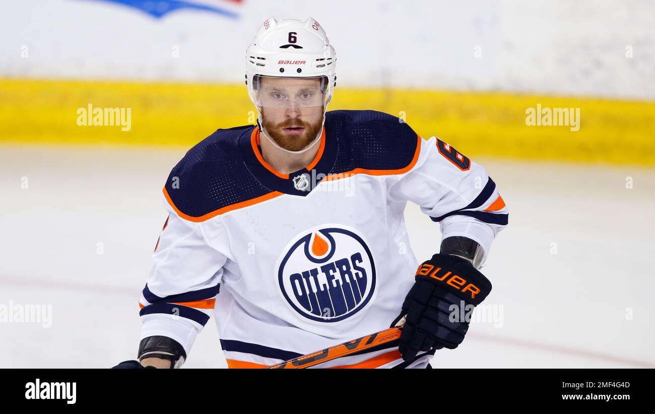 Edmonton Oilers player Adam Larsson, from Sweden, during an NHL hockey ...