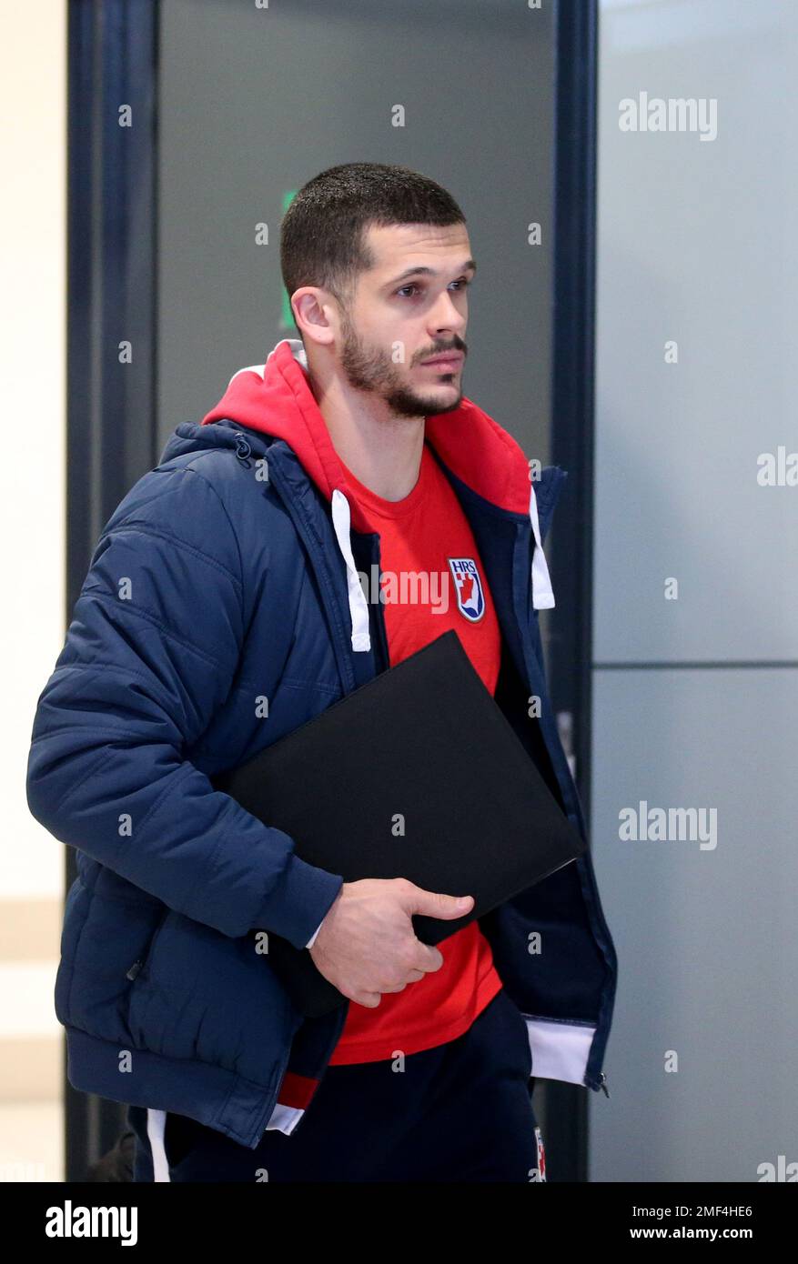 Lovro Mihic seen during team arrivals at Franjo Tudjman Airport, in ...