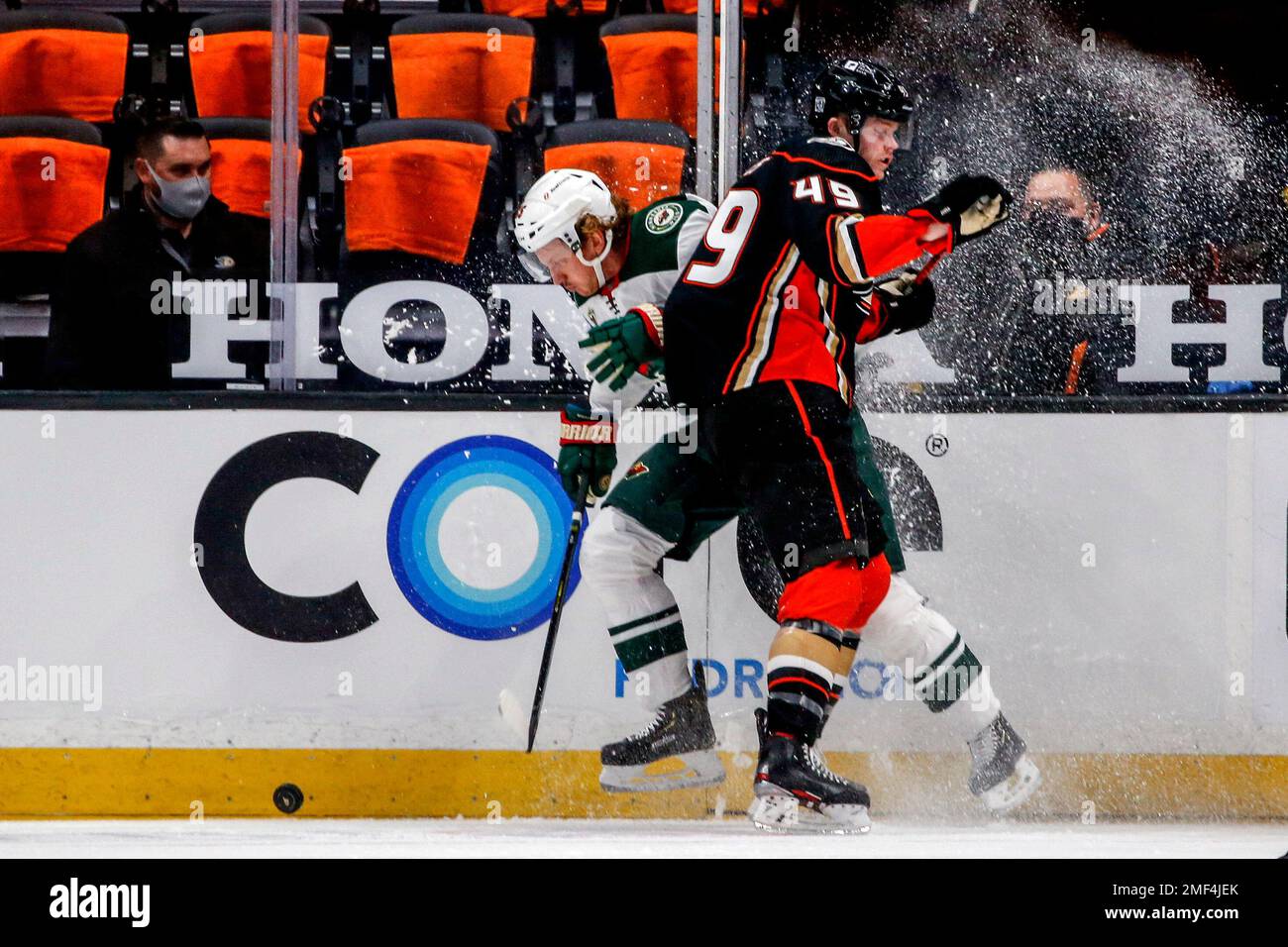 Anaheim Ducks forward Max Jones (49) collides with Minnesota Wild ...