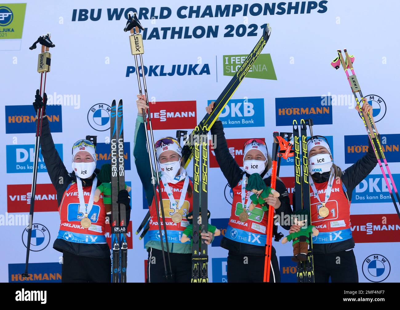 Winners, from left, Norway's Marte Olsbu Roeiseland, Ida Lien, Tiril ...