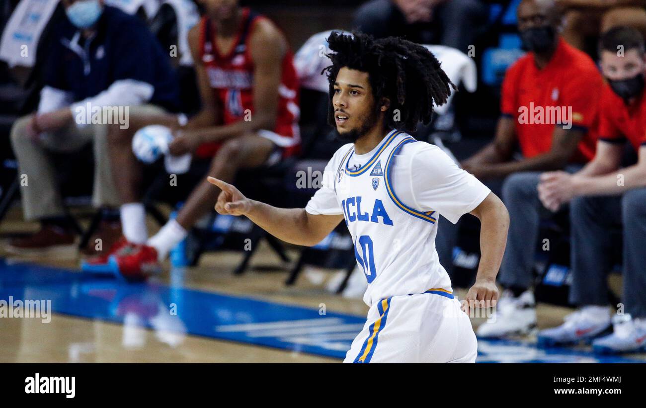 UCLA guard Tyger Campbell (10) reacts during the second half of an NCAA ...