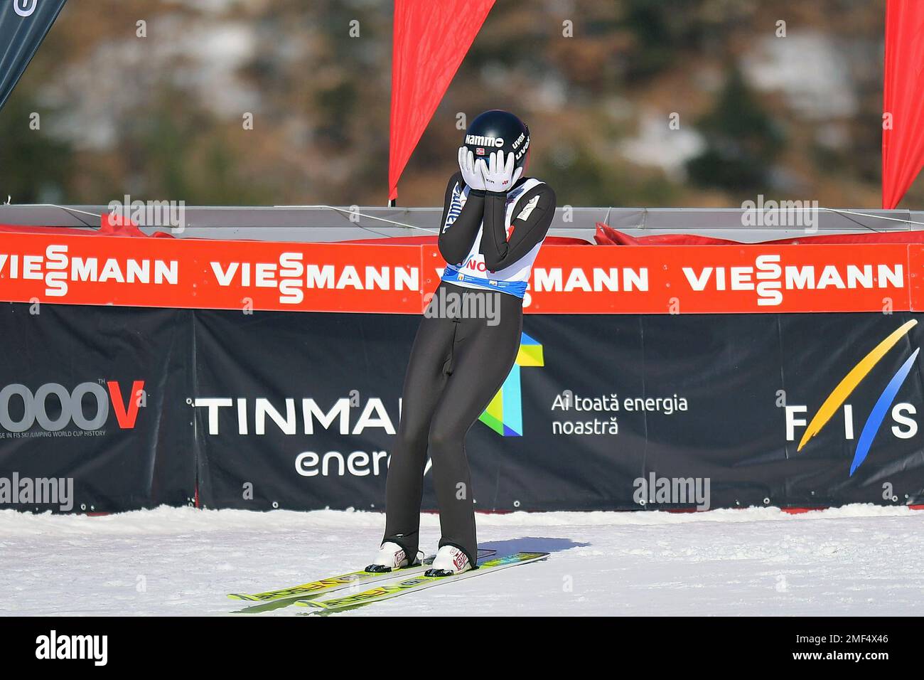 Second place winner, Norway's Silje Opseth reacts after her jump at the ...