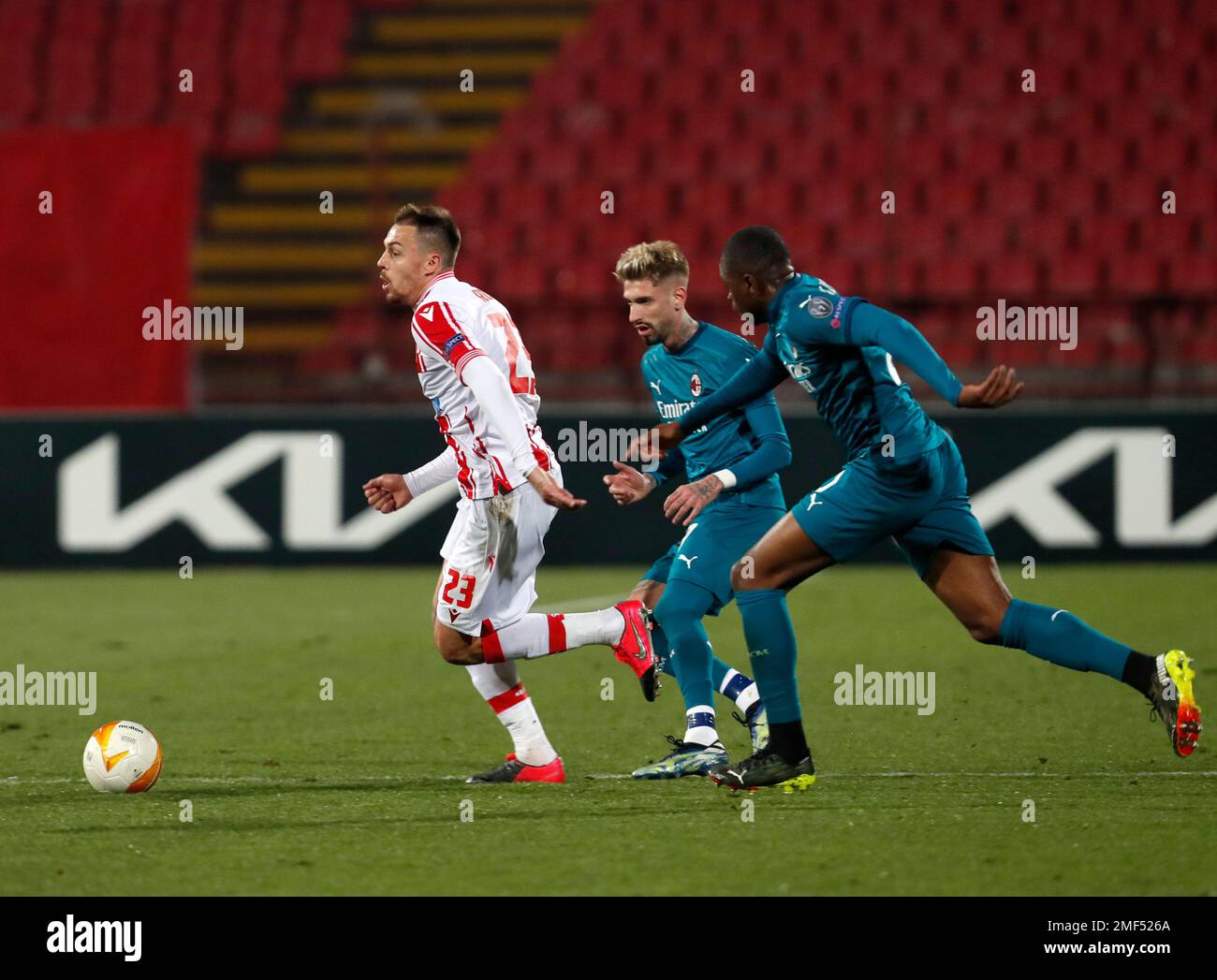 Red Star's Milan Rodic, left, duels for the ball with AC Milan's Samu ...