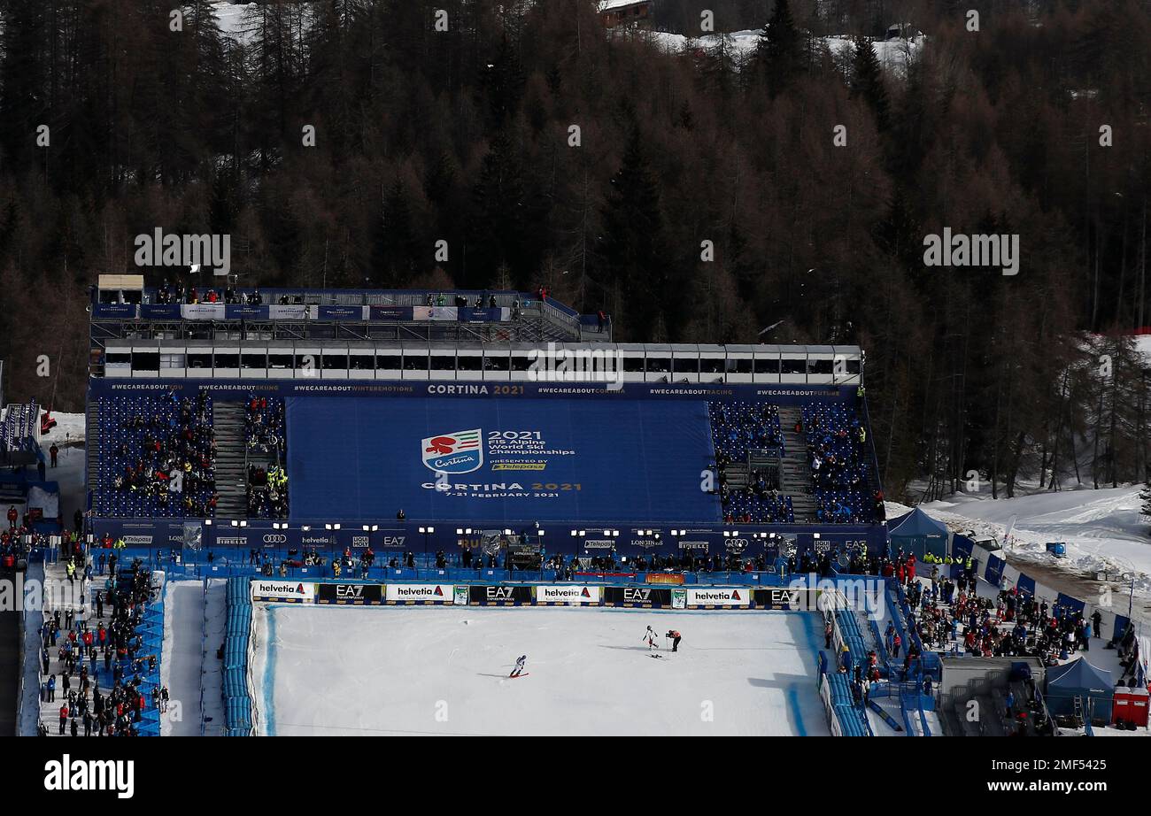 A view of the finish area of a women's giant slalom, at the alpine ski ...