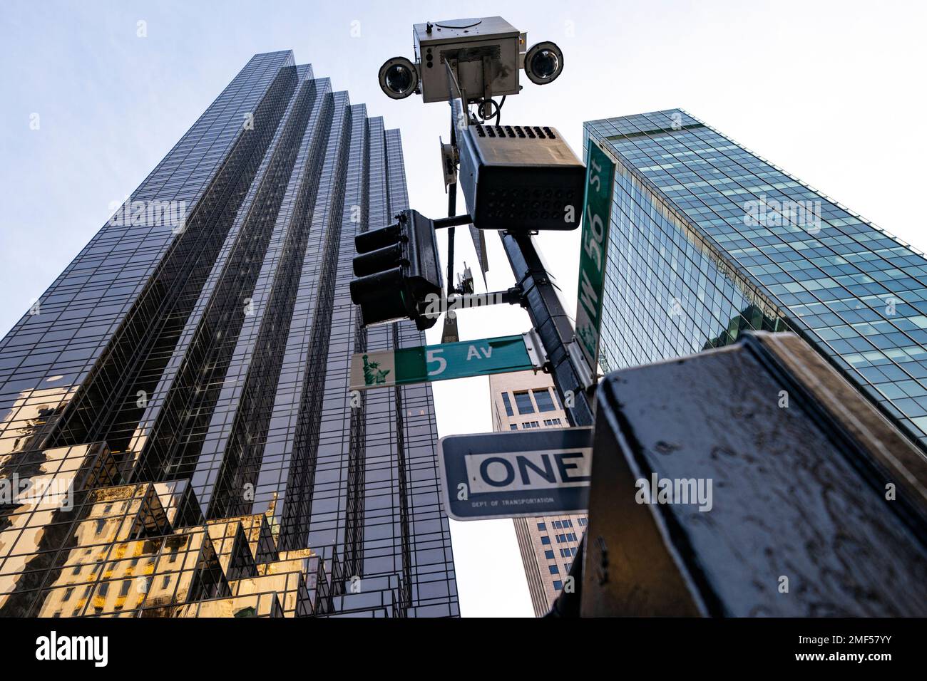 An NYPD security camera stands outside the front of Trump Tower on ...