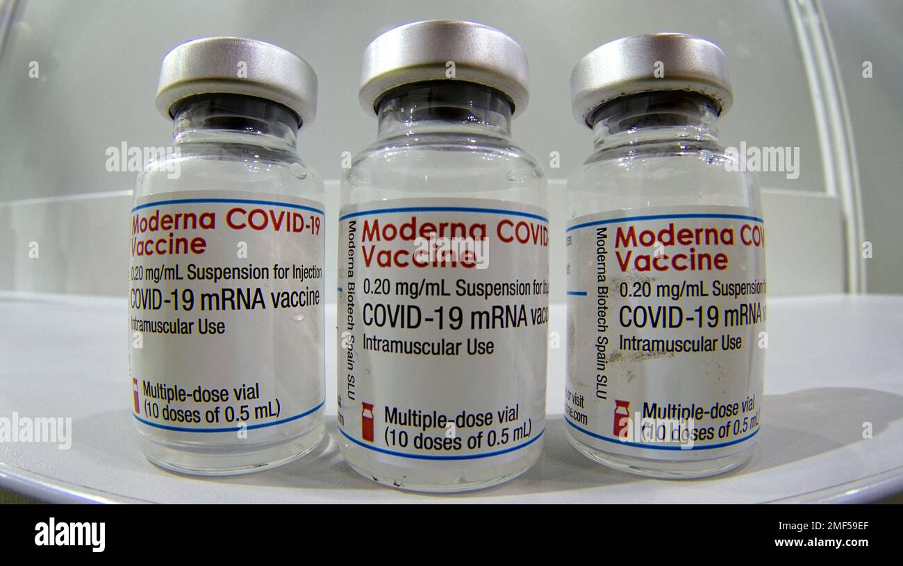 Three vials of the 'Moderna COVID-19 Vaccine' are pictured in a new ...