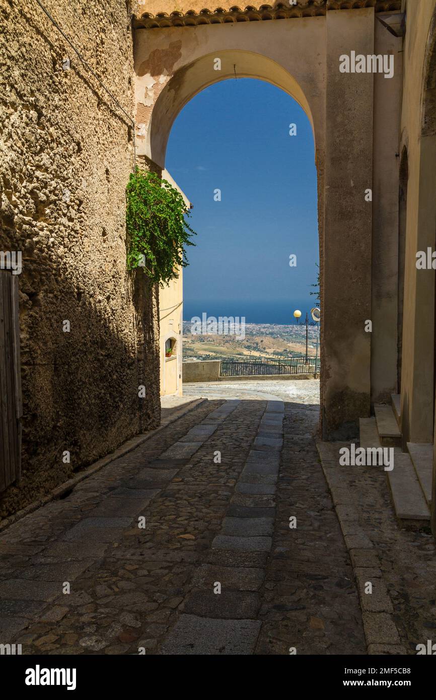 View on Mediterranean sea from "Porta del Sole" city gate in Gerace ...