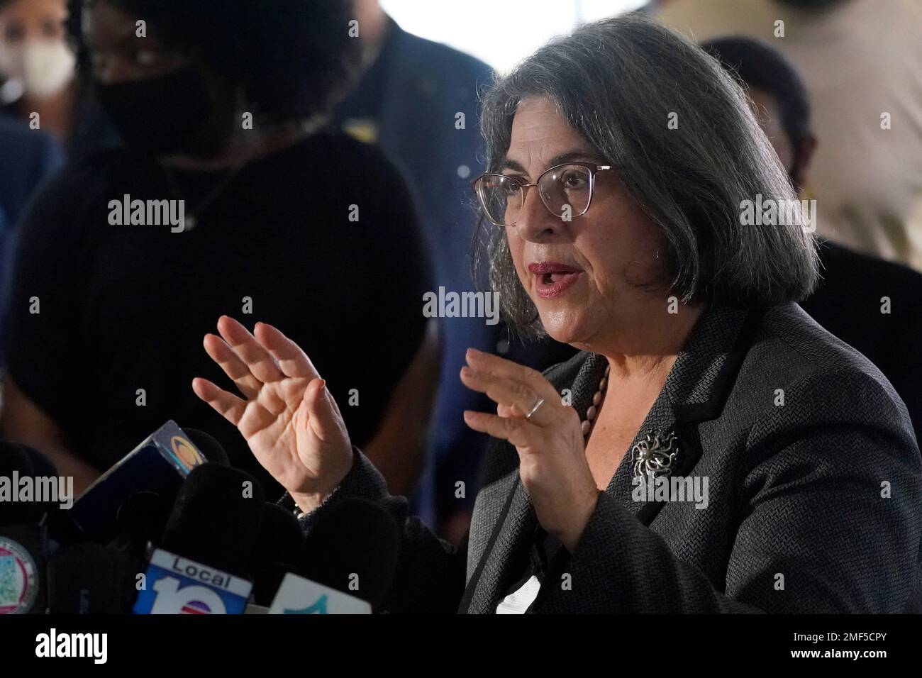 Miami-Dade Mayor Daniella Levine Cava gestures as she speaks during a ...