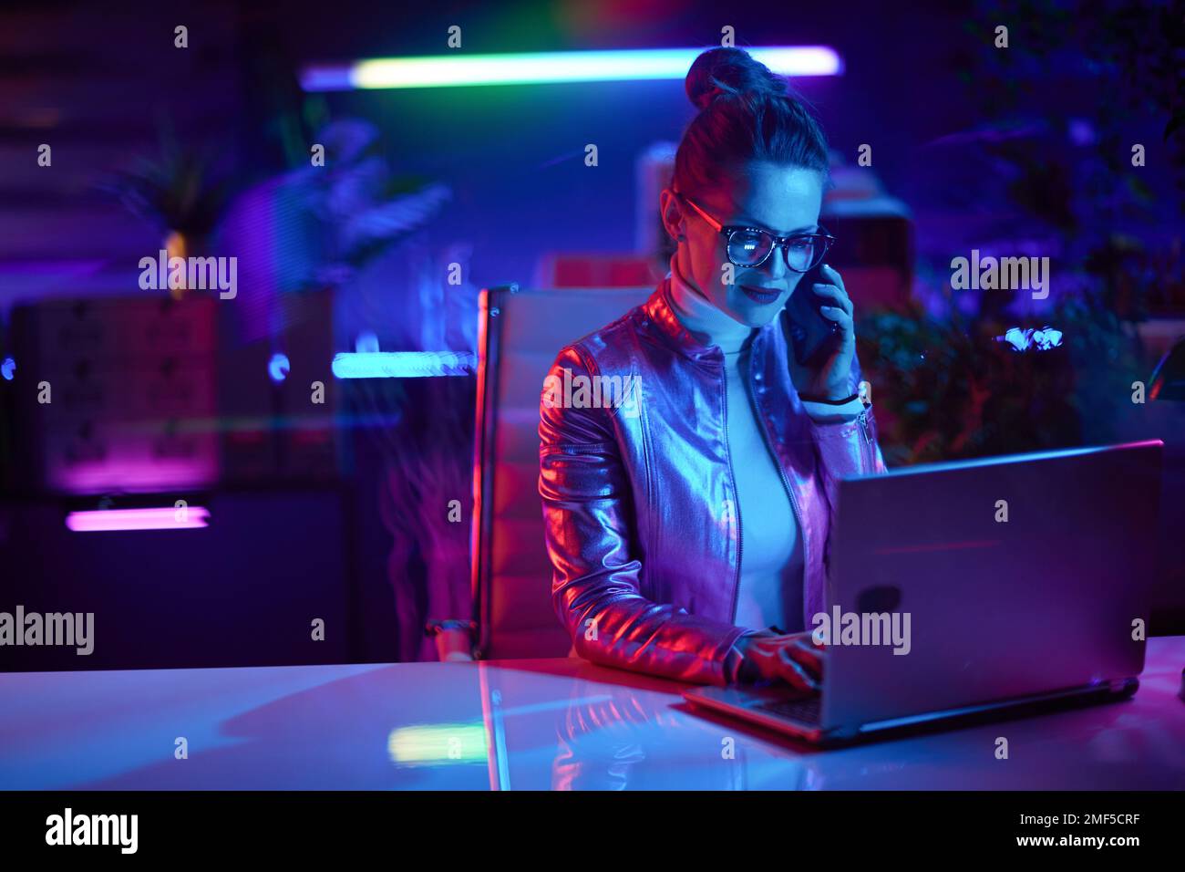 Neon metaverse futuristic concept. stylish business woman in glasses ...