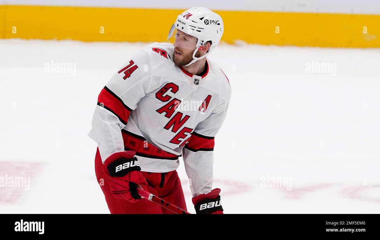 Carolina Hurricanes' Jaccob Slavin (74) follows the play during an NHL ...