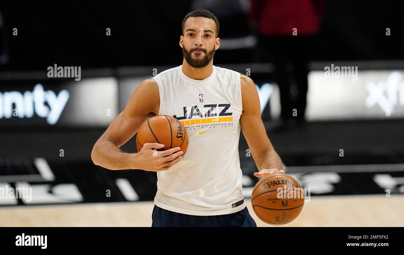 Utah Jazz center Rudy Gobert (27) warms up before an NBA basketball ...