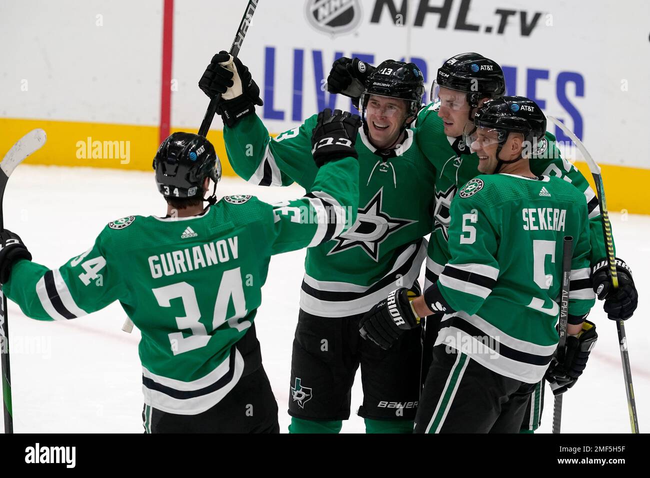 Dallas Stars' Denis Gurianov (34), Mark Pysyk (13), Roope Hintz (24 ...